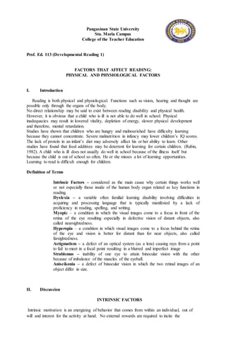 FACTORS THAT AFFECT READING: PHYSICAL AND PHYSIOLOGICAL FACTORS | DOCX