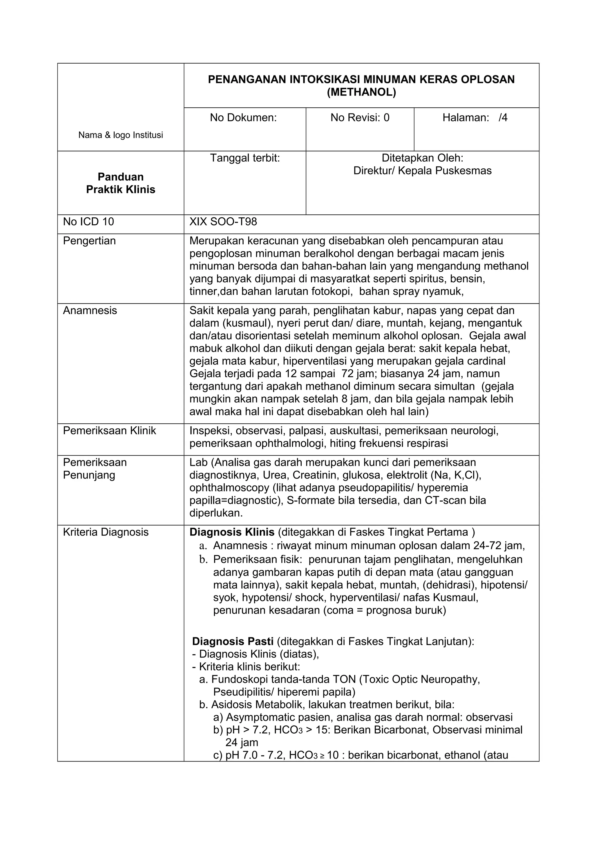 Final sop methanol intoksikasi updated protocol launch | DOC