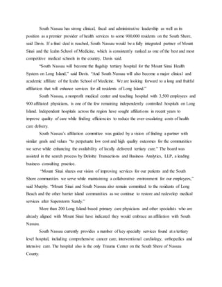 South Nassau & Mount Sinai Health System Enter Talks Toward Affiliation | DOCX