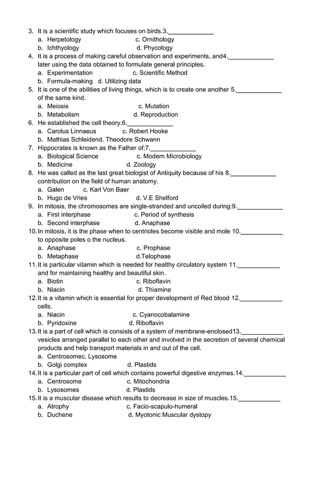 sample test questionnaire in Biological Science | DOCX