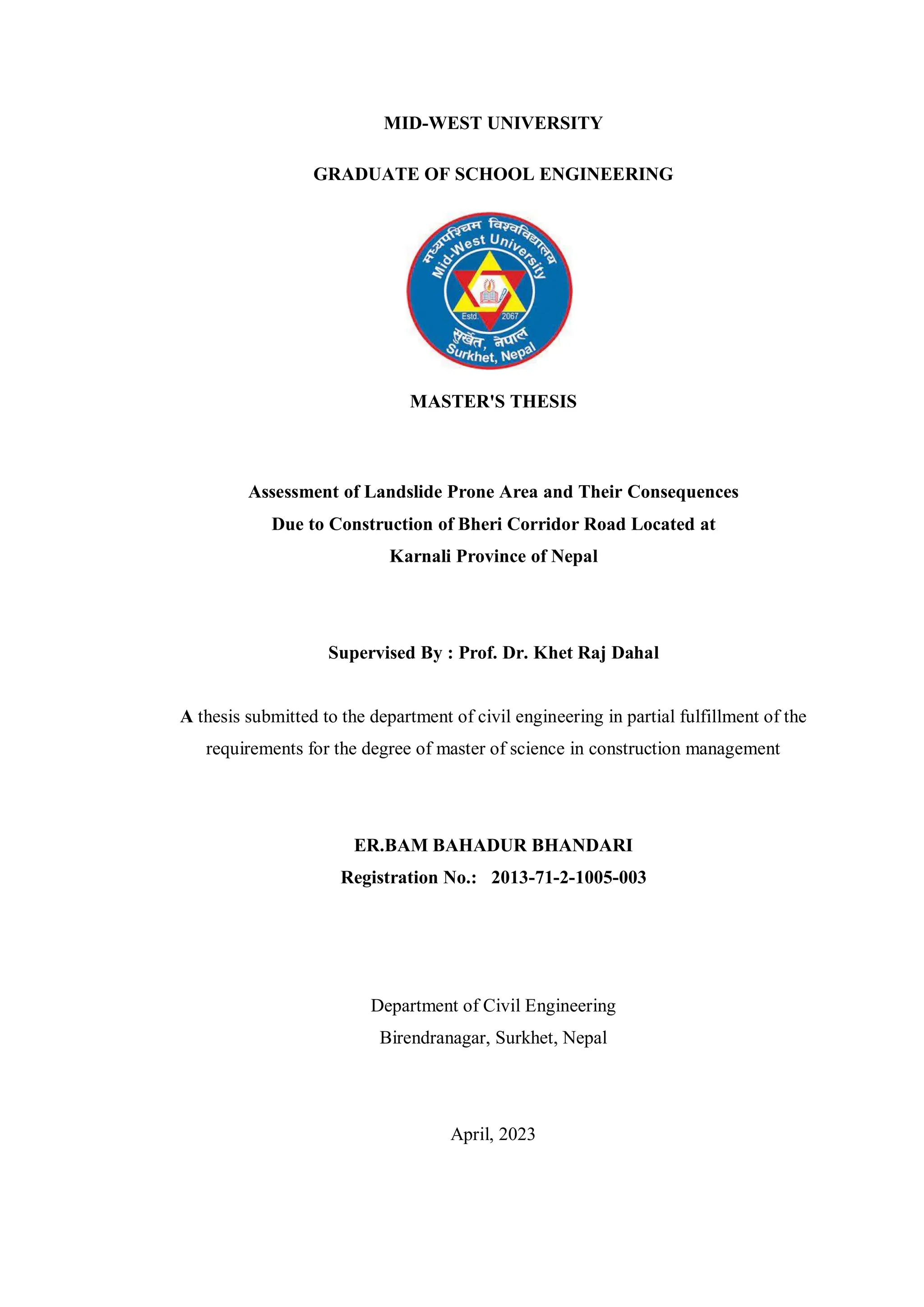 Thesis on Assessment of Landslide Prone Area and Their Consequences Due ...
