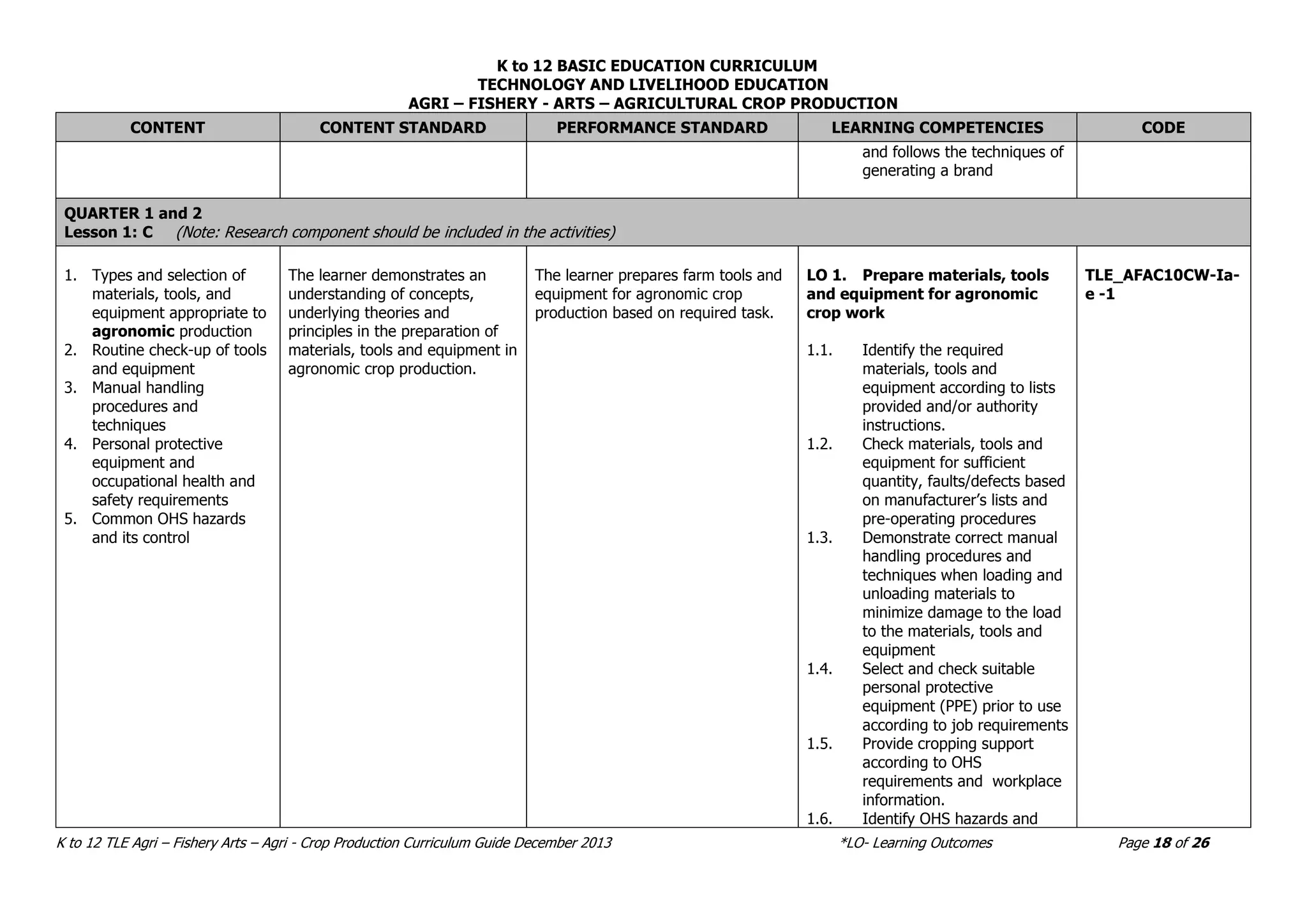 TLE-AF Agri Crop Production Curriculum Guide | PDF