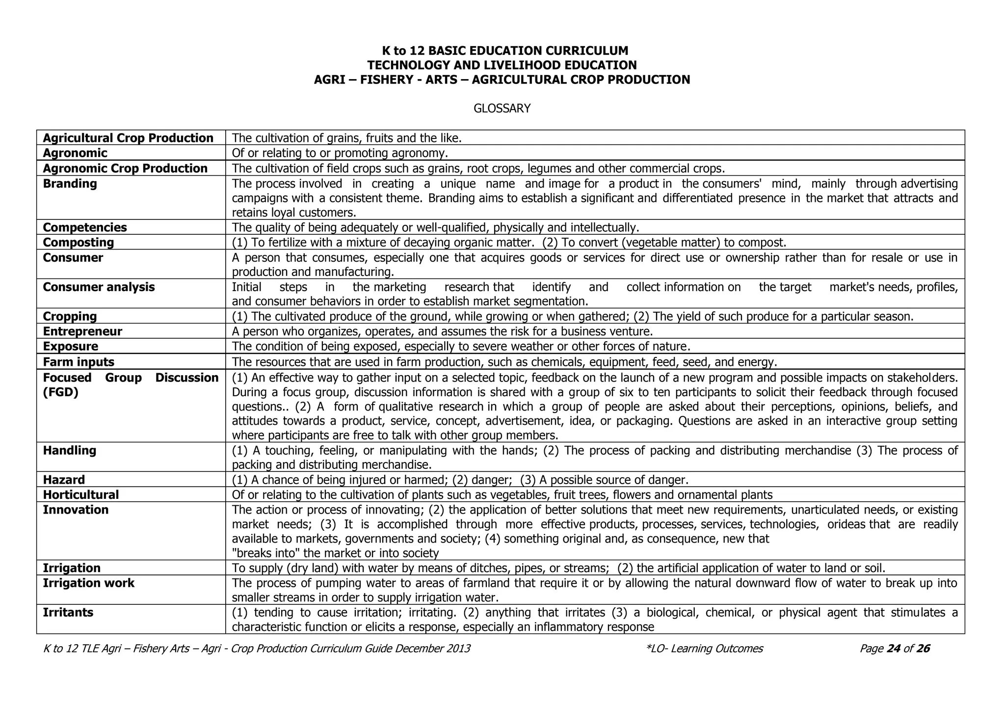 TLE-AF Agri Crop Production Curriculum Guide | PDF