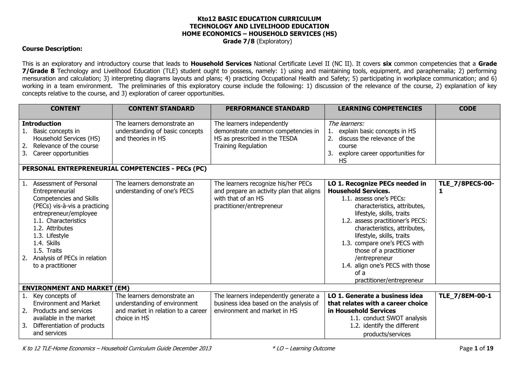 TLE/HE Household Services Curriculum Guide | PDF
