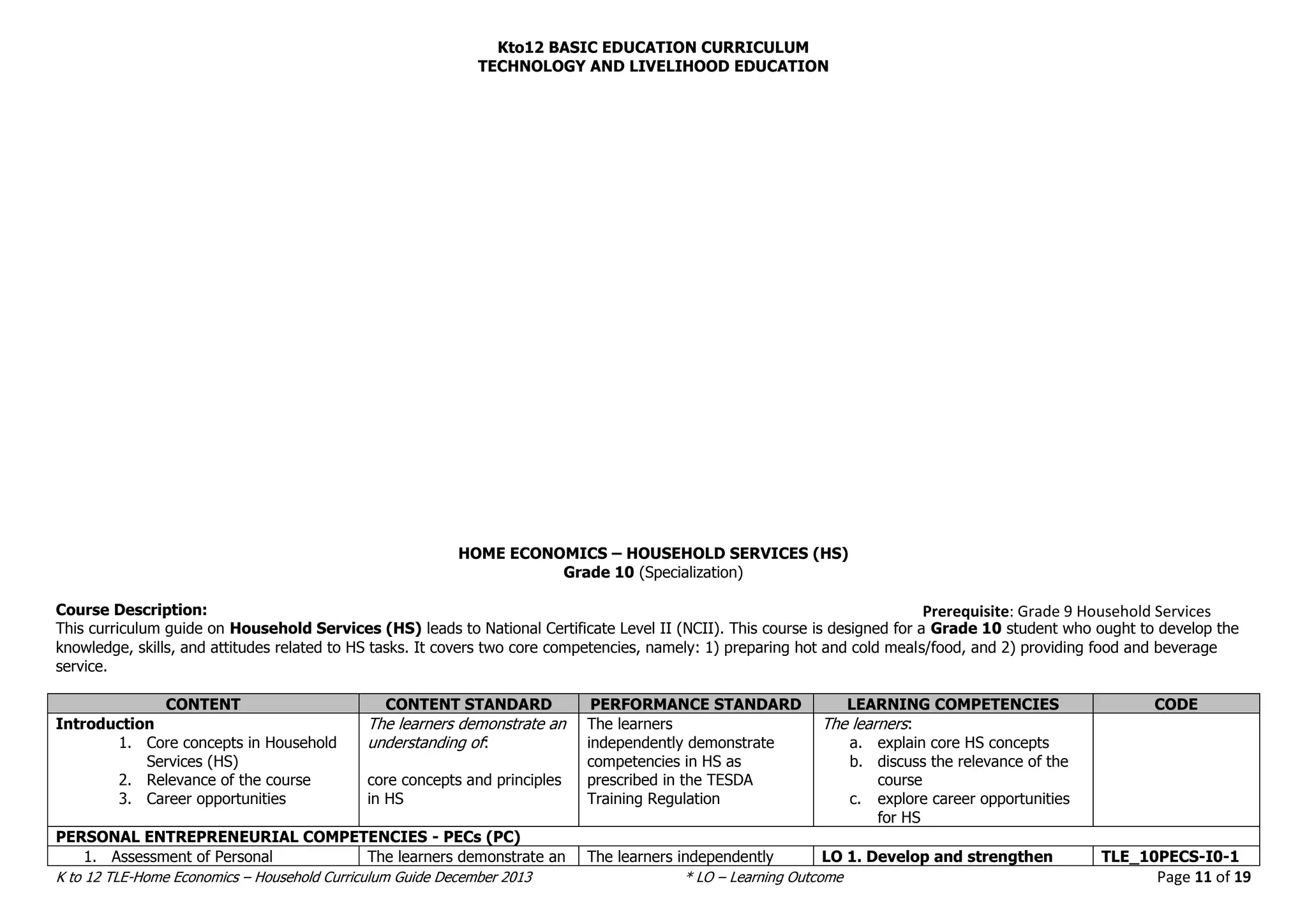 TLE/HE Household Services Curriculum Guide | PDF