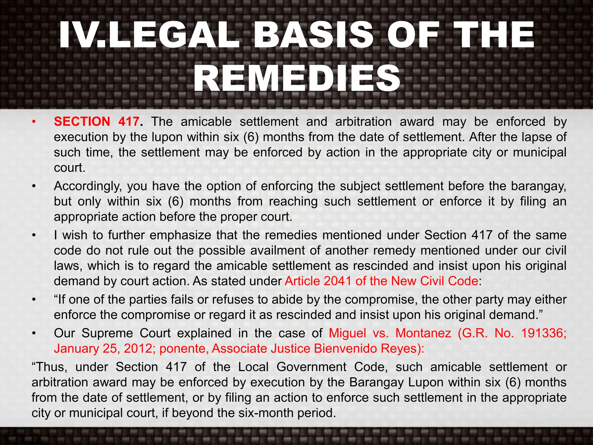 FINALTRUEENFORCEMENT OF BARANGAY SETTLEMENT.ppt | Law
