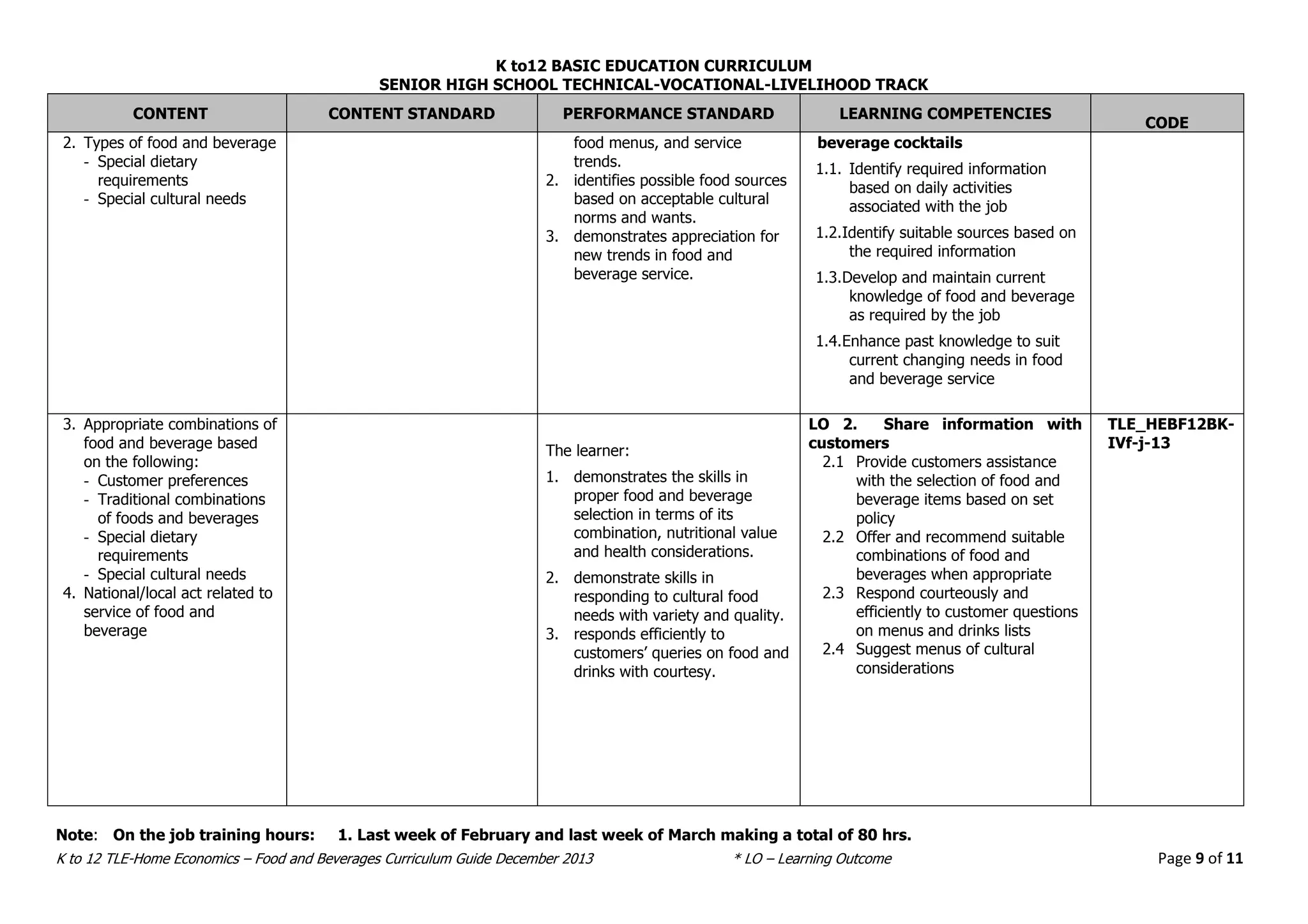 food and beverages curriculum guide senior high school | PDF