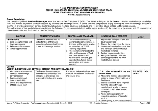 food and beverages curriculum guide senior high school | PDF