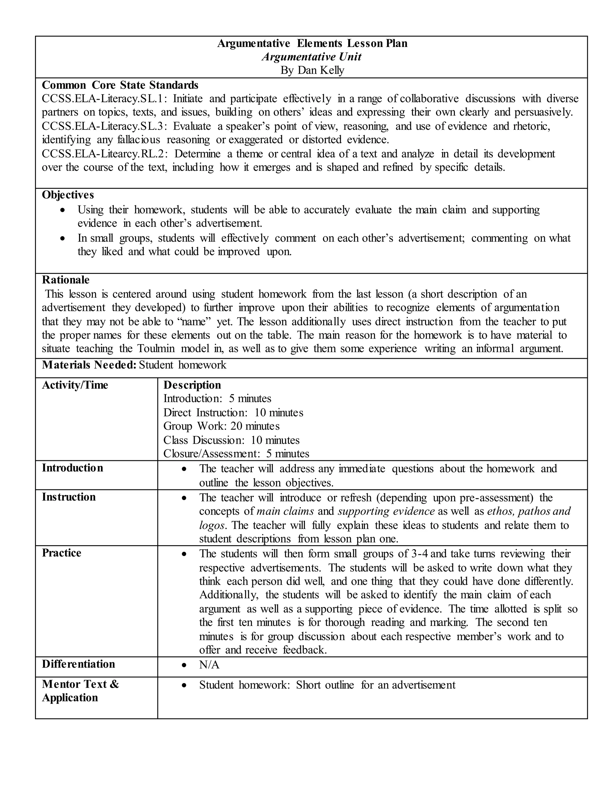 EDUC 482 Argumentative Unit Plan | DOCX