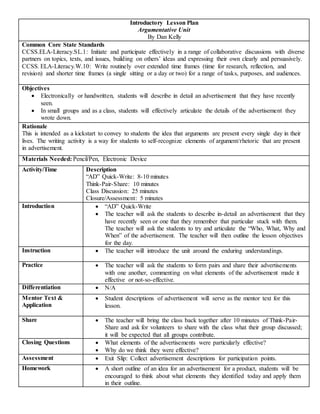 EDUC 482 Argumentative Unit Plan | DOCX