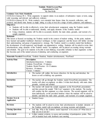 EDUC 482 Argumentative Unit Plan | DOCX