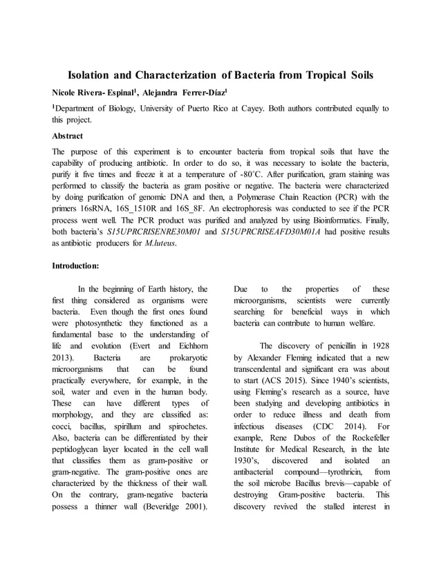 Isolation and Characterization of Bacteria from Tropical Soils | DOCX