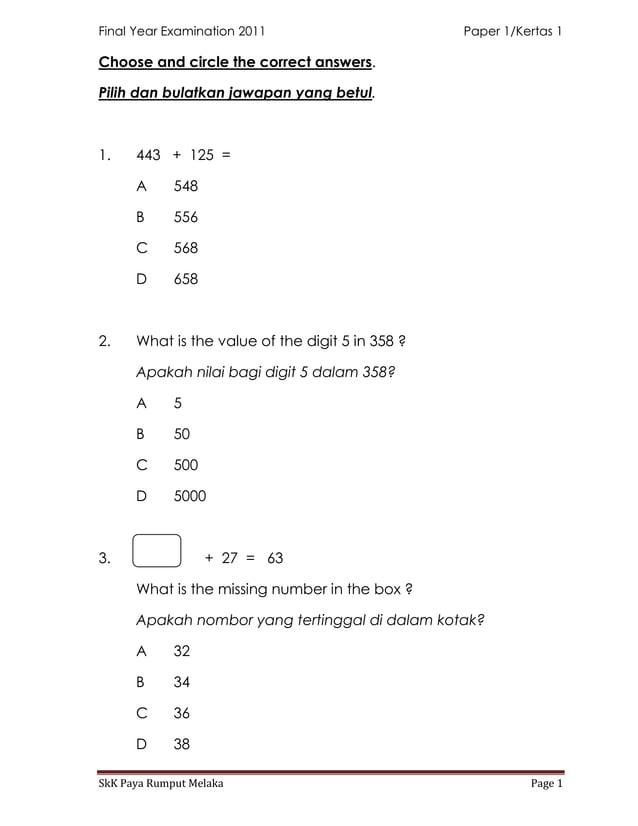 Peperiksaan Akhir Tahun - Mathematics Year 2 Paper 1 | DOCX