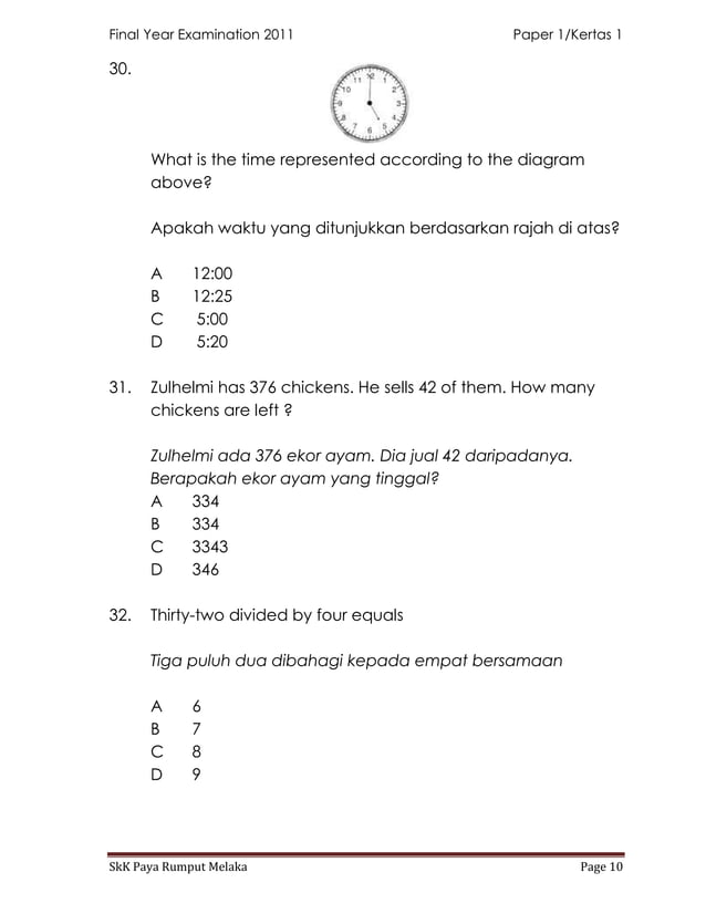 Peperiksaan Akhir Tahun - Mathematics Year 2 Paper 1 | DOCX