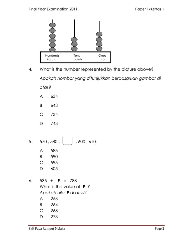 Peperiksaan Akhir Tahun - Mathematics Year 2 Paper 1 | DOCX