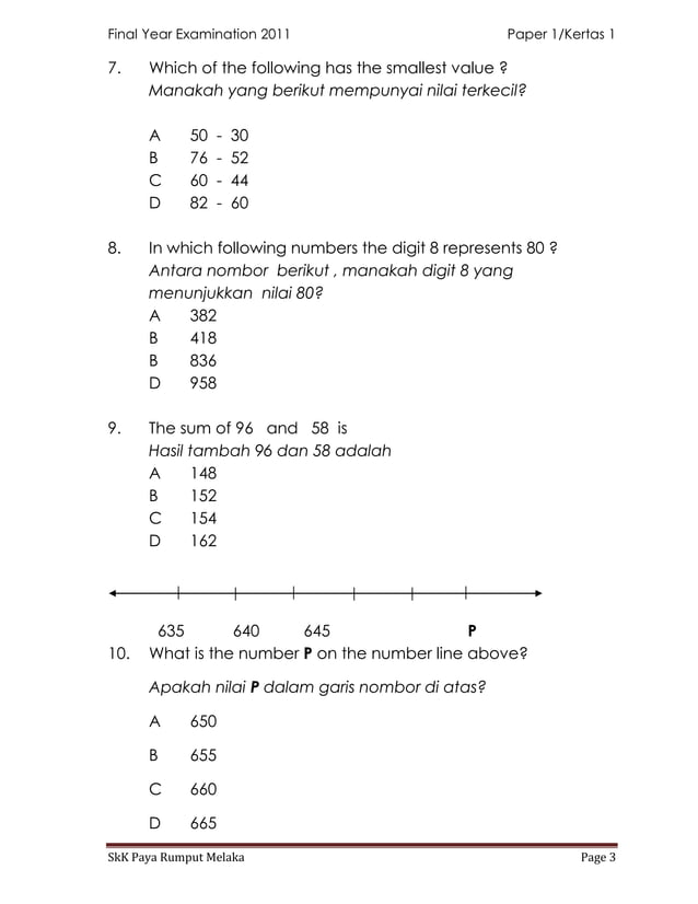 Peperiksaan Akhir Tahun - Mathematics Year 2 Paper 1 | DOCX