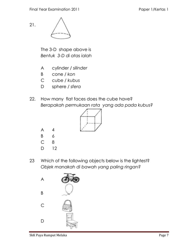 Peperiksaan Akhir Tahun - Mathematics Year 2 Paper 1 | DOCX