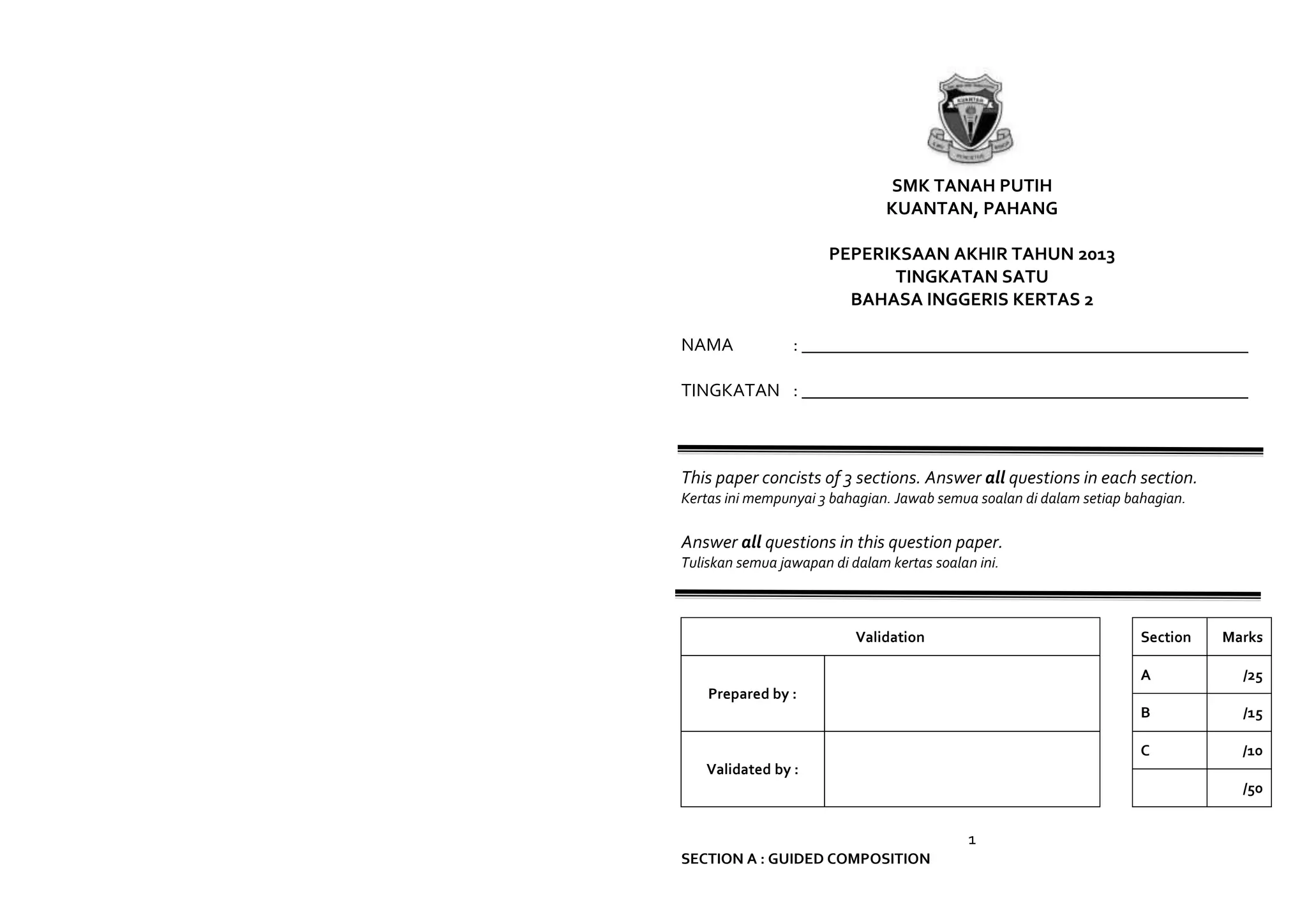 Final year form 1 paper 2 | DOCX