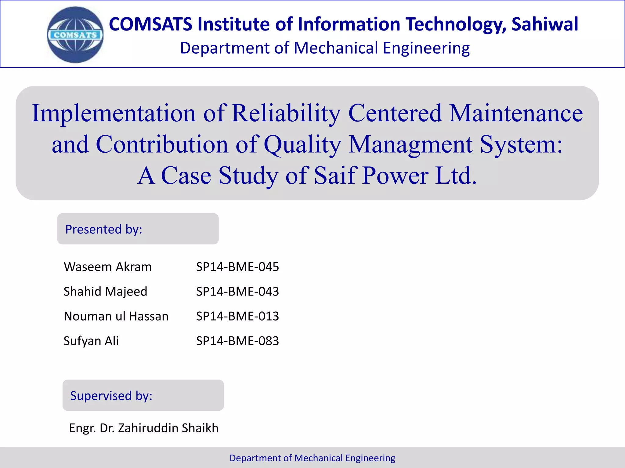 Reliability Centered Maintenance Implementation and Case Study | PPTX