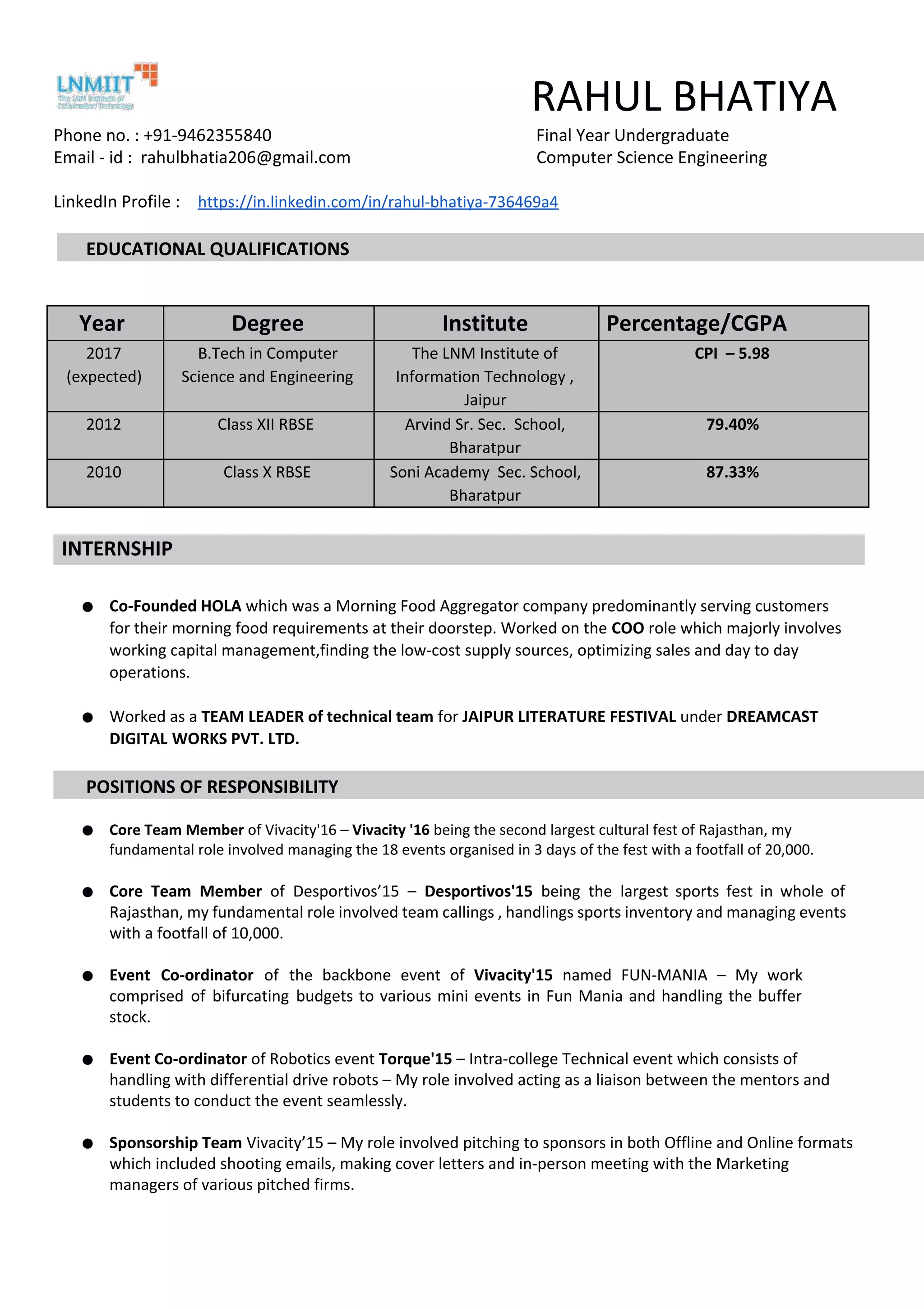Rahul Bhatiya Resume | PDF