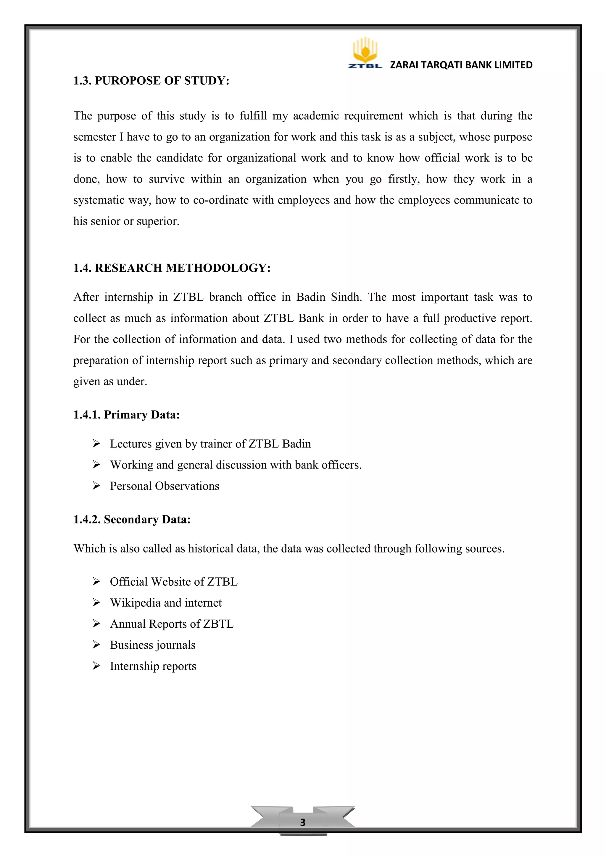 ZTBL Internship report | PDF