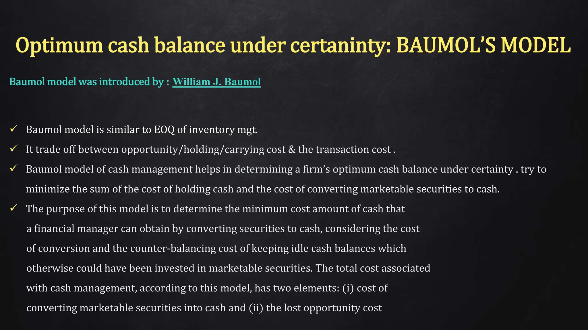 cash mgt. model , baumols model , finance | PPTX