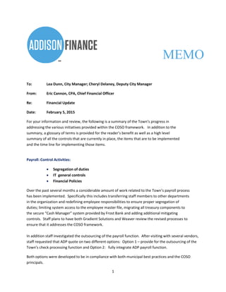 Finance Department COSO Implementation Memo | PDF