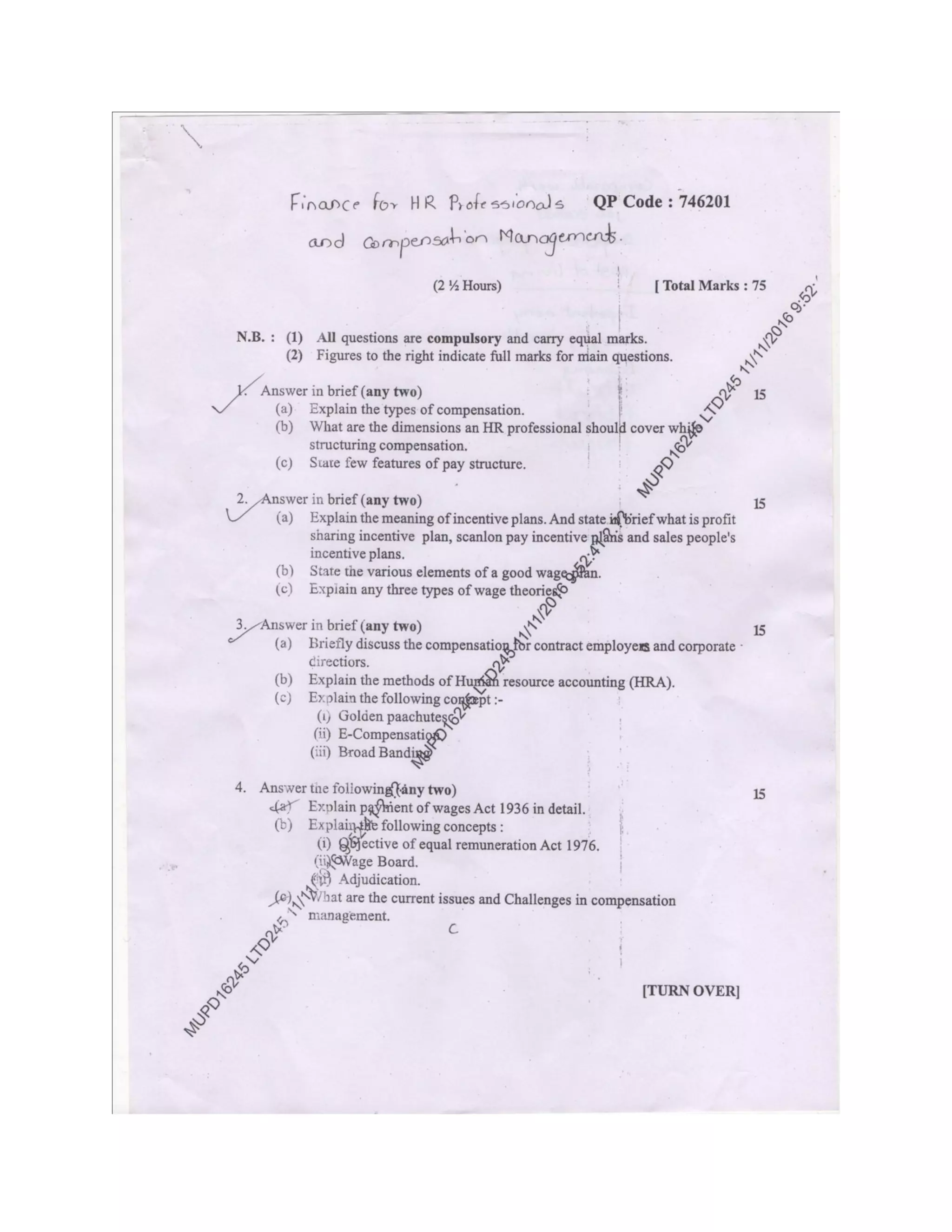 BMS 5th SEM Question Paper:- Finance for HR | PDF