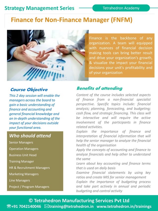 Finance for Non-Finance Manager (FNFM) Workshop by Tetrahedron | PDF