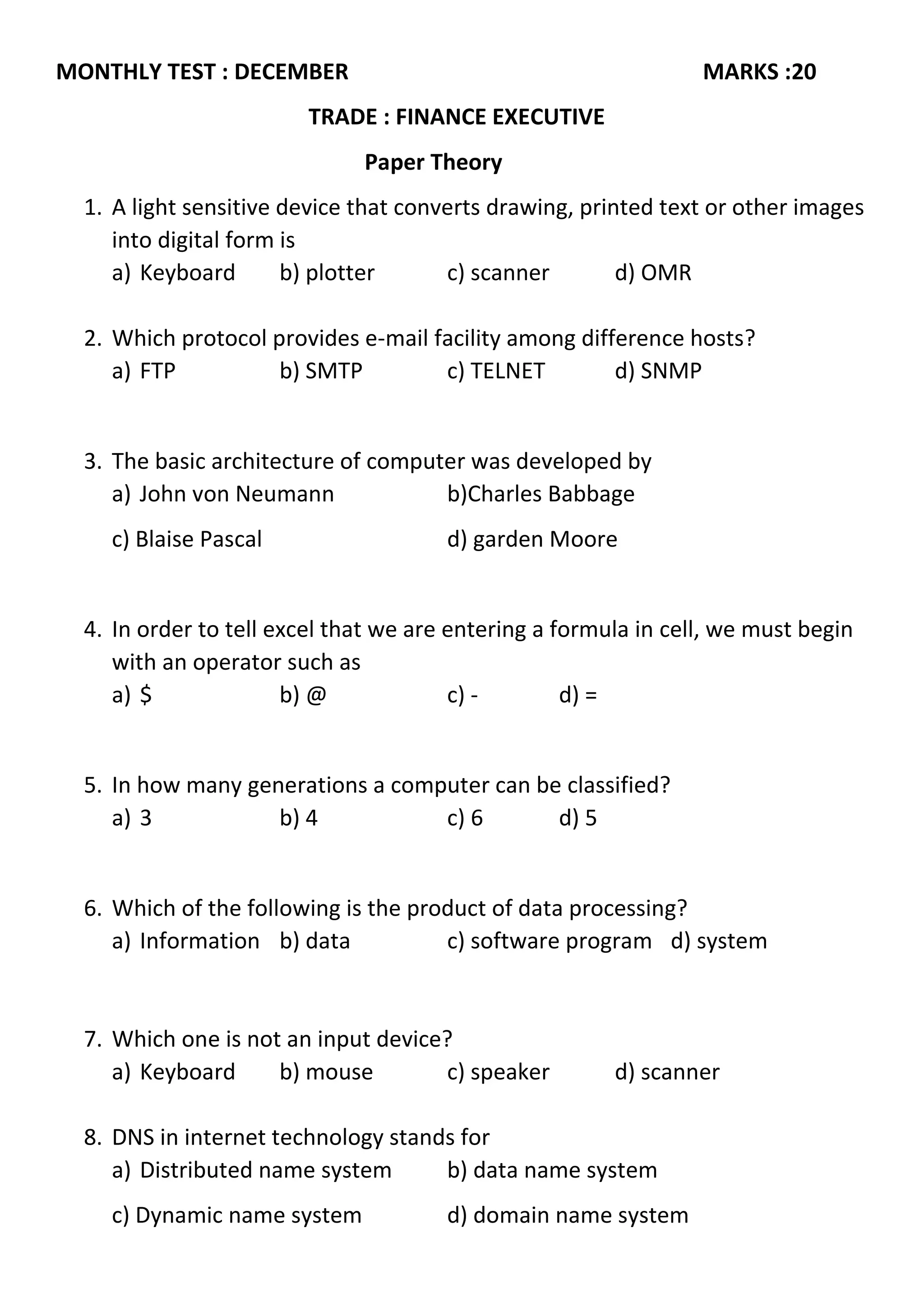Finance Executive ITI Monthly Test Question Paper | PDF