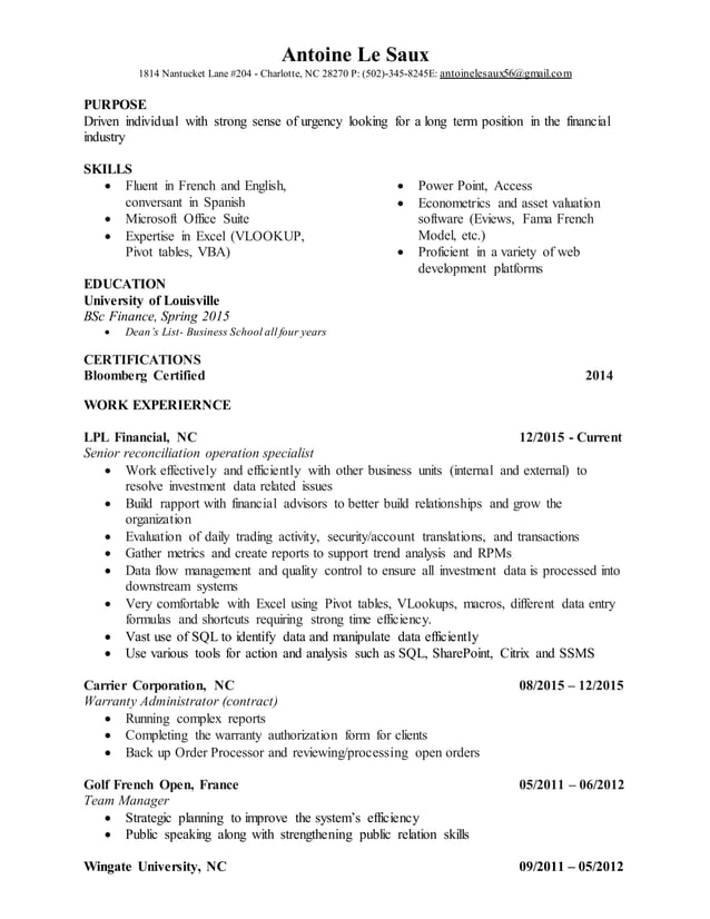 Finance resumé | PDF