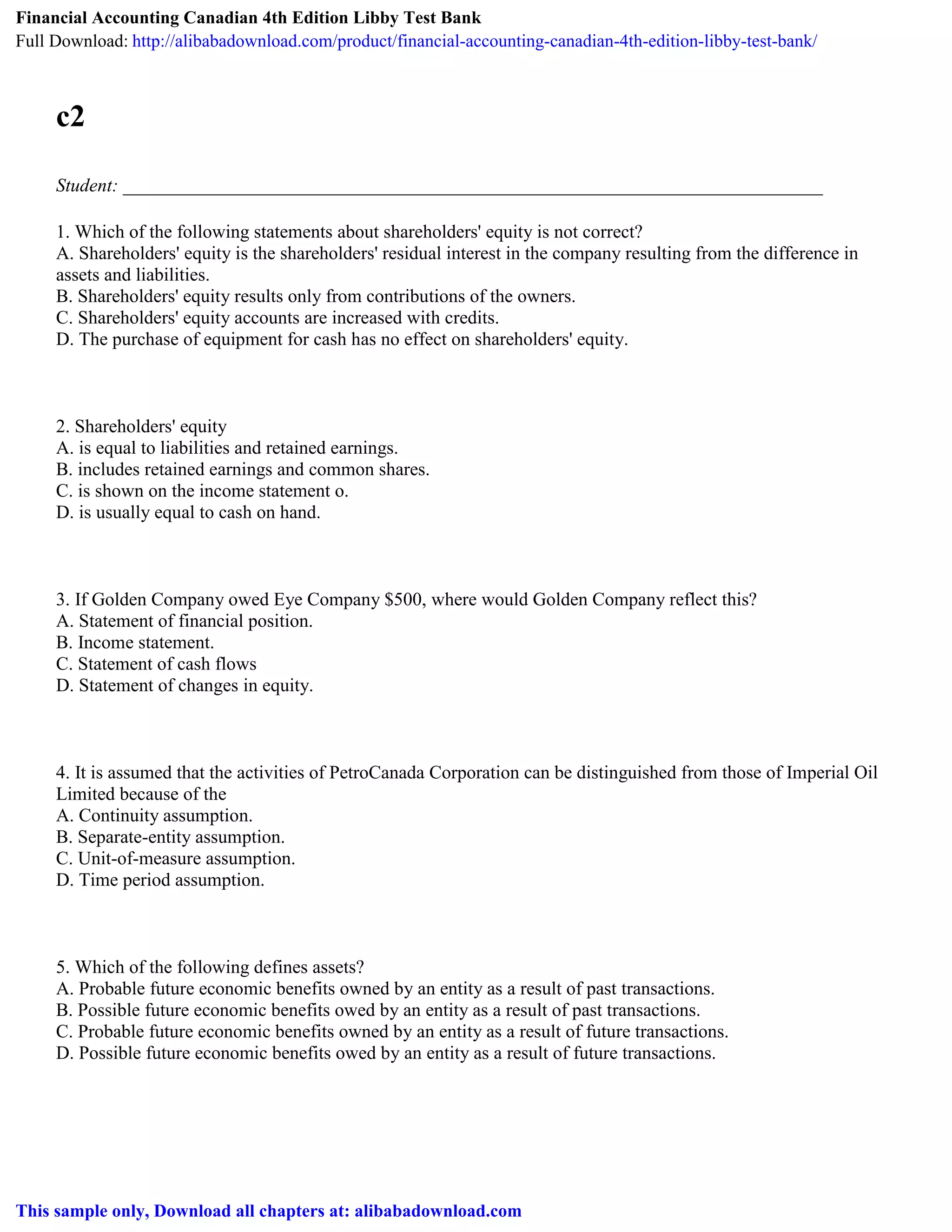 Financial Accounting Canadian 4th Edition Libby Test Bank | PDF