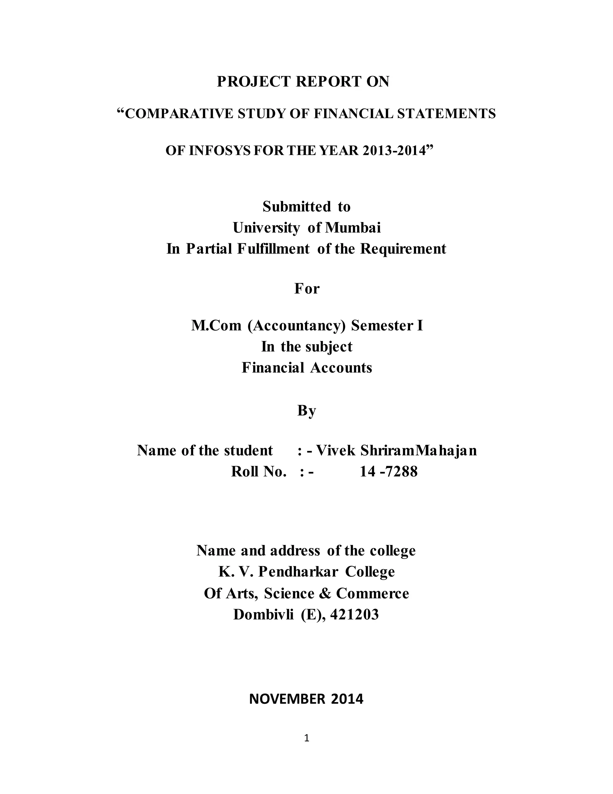 COMPARATIVE STUDY OF FINANCIAL STATEMENTS OF INFOSYS FOR THE YEAR 2013 ...