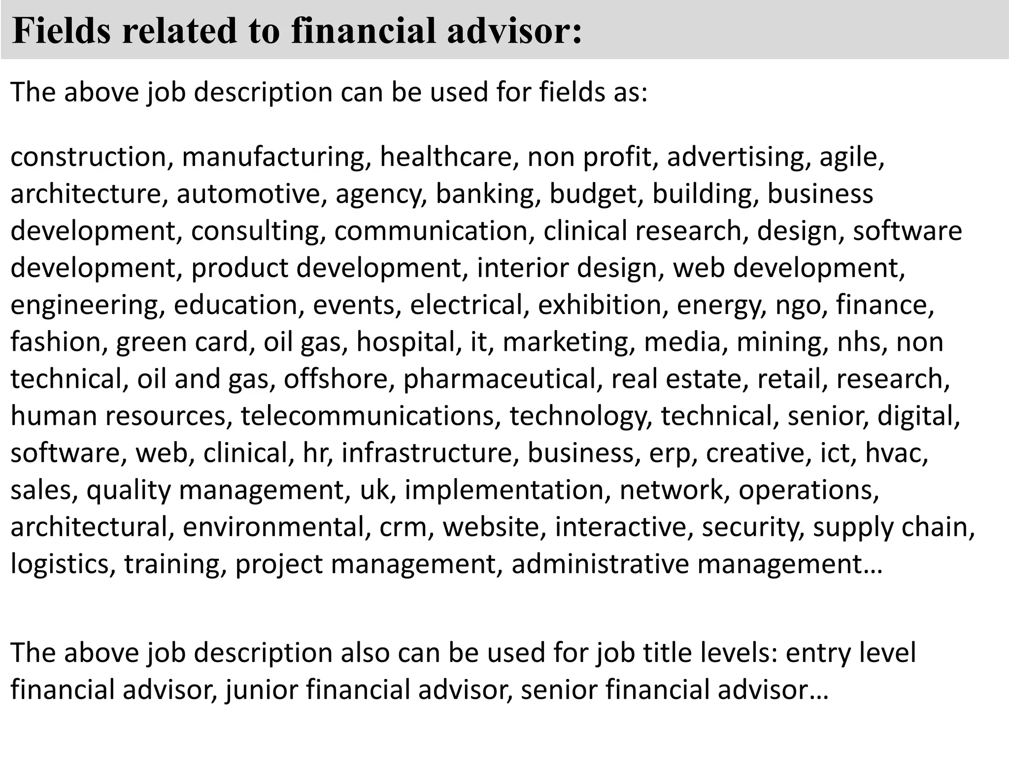 Financial advisor job description | PPT