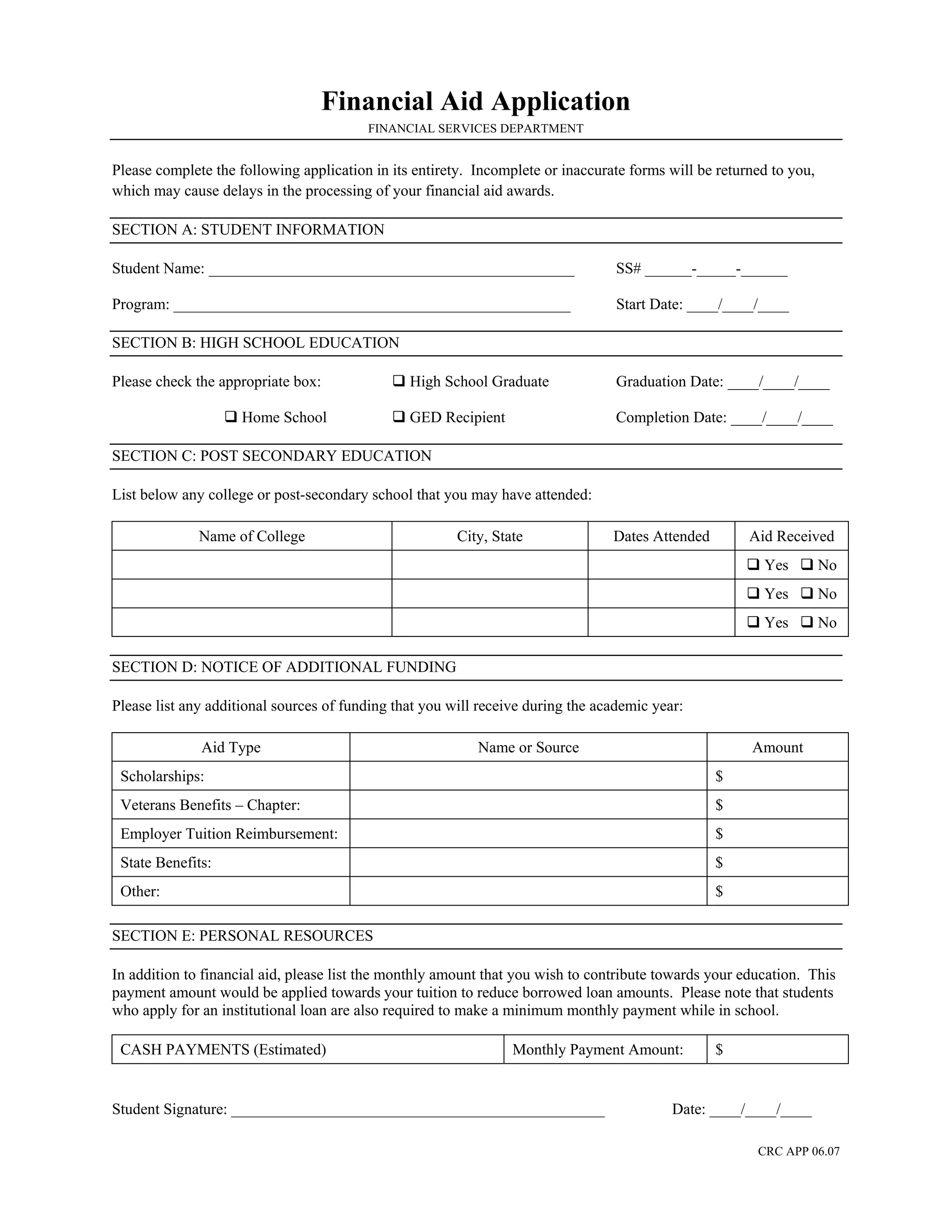 Financial aid application | PDF