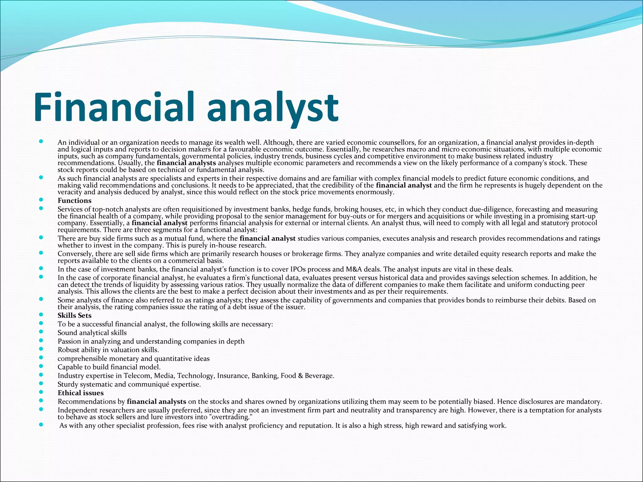 Financial analyst | PPT | Stocks and Bonds | Personal Investing