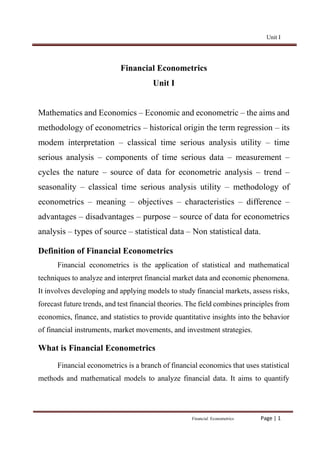 Financial Econometrics Notes covered by Unit I | PDF
