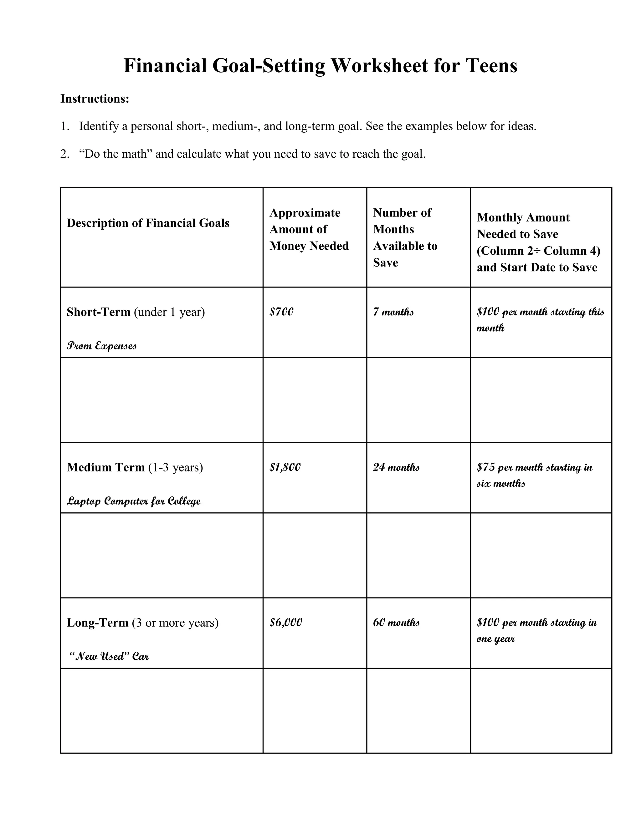 Financial Goal Setting Worksheet for Teens | PDF | Personal Finance
