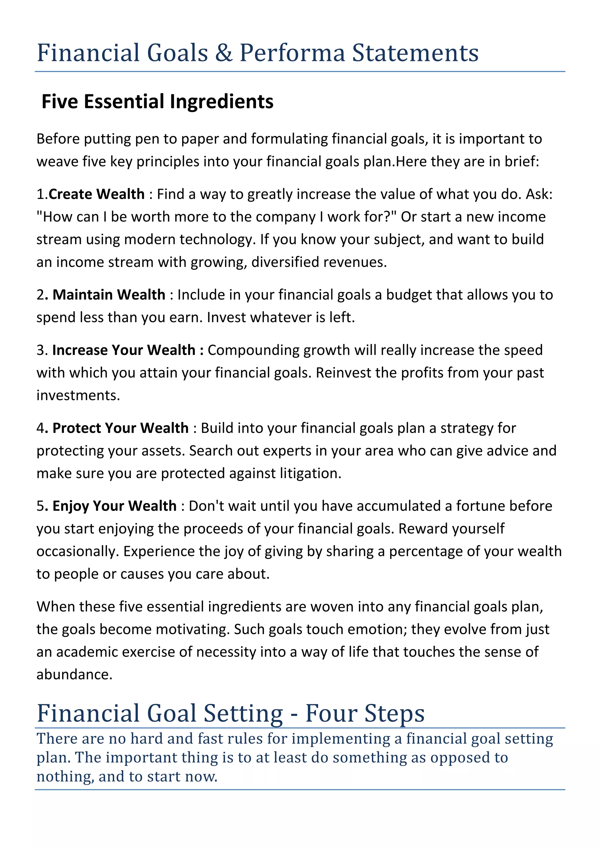 Financial goals and performa statement | DOCX