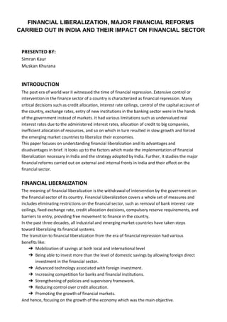 Financial liberalization, Reforms carried out in India and their impact ...