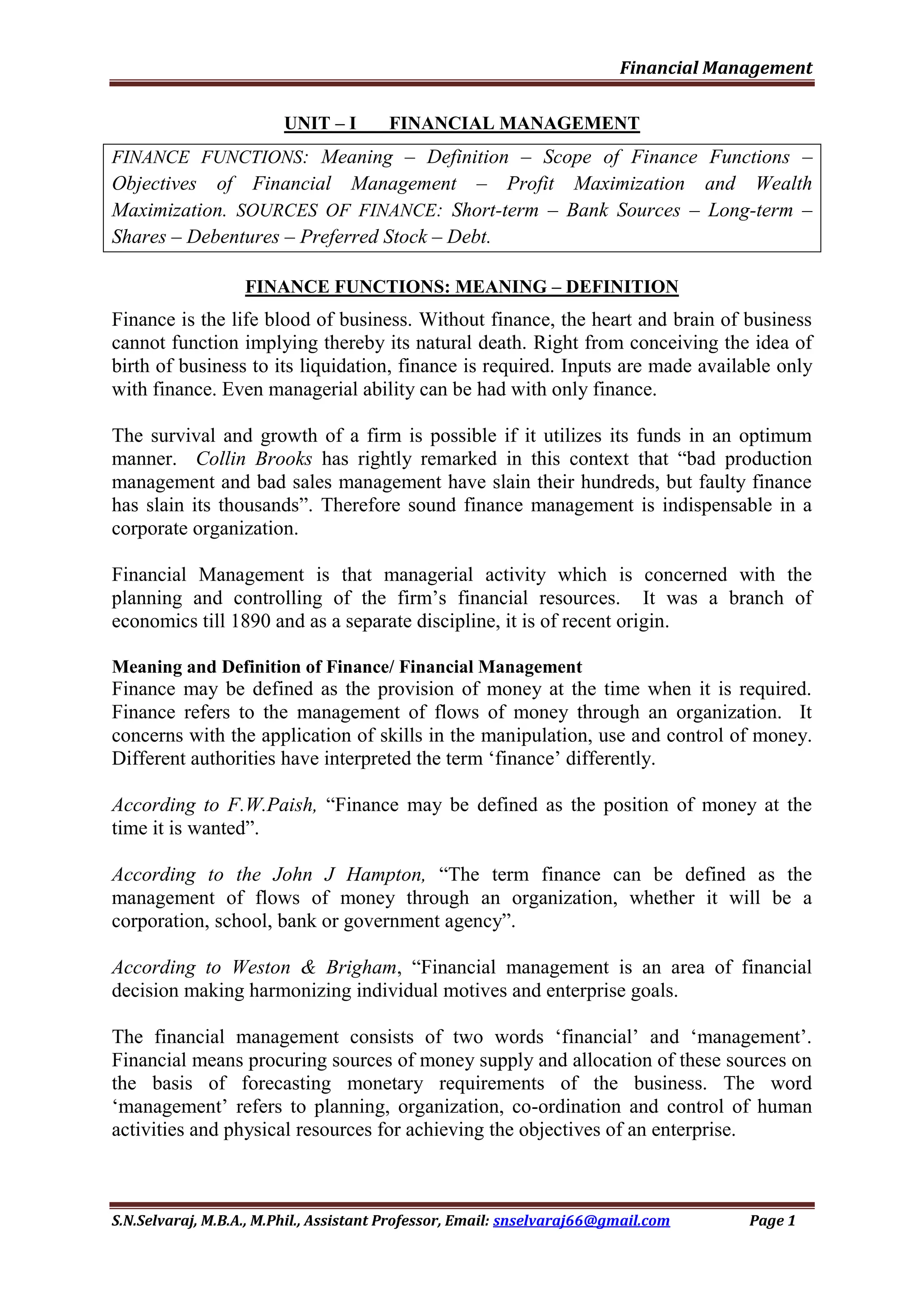 Financial Management unit 1 | PDF