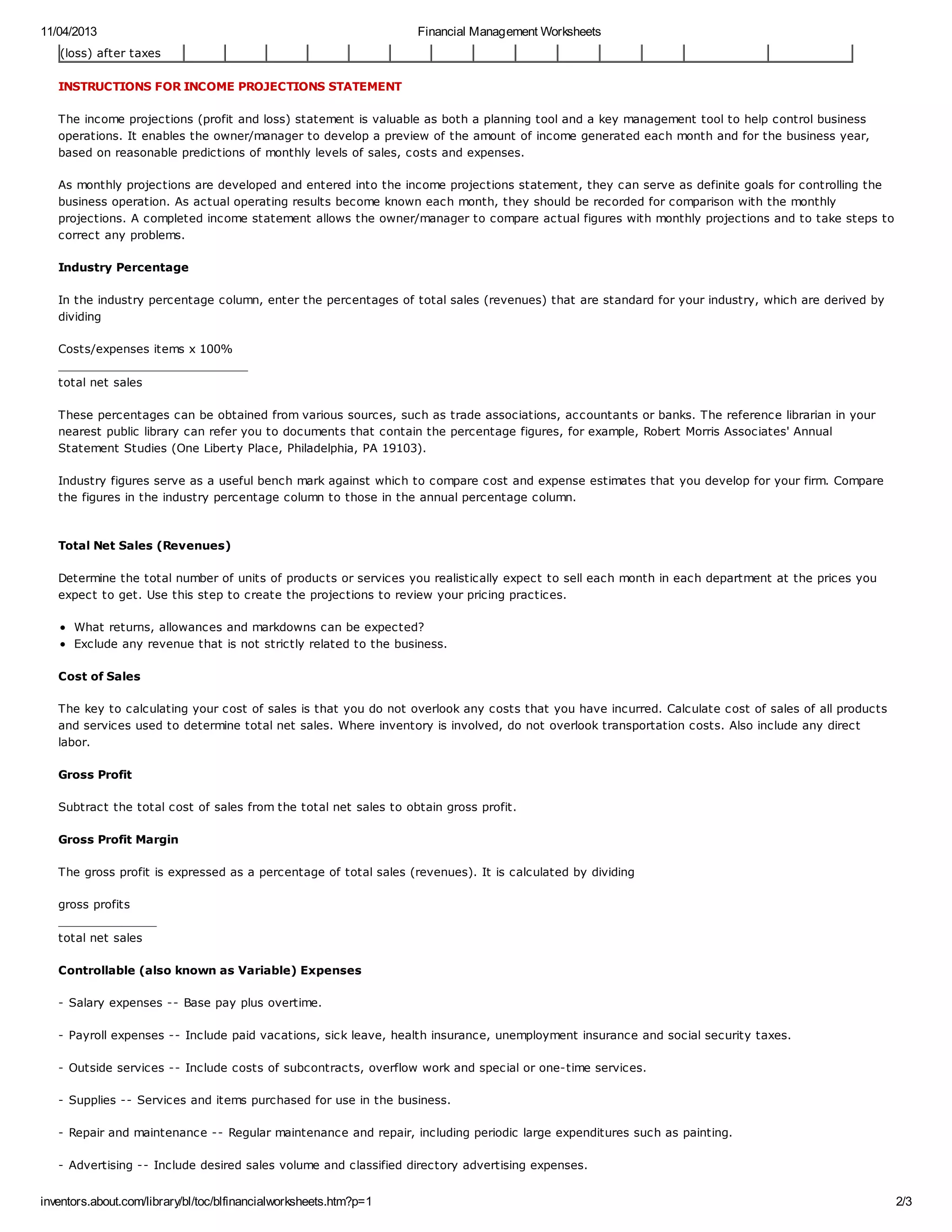 Financial management worksheets | PDF