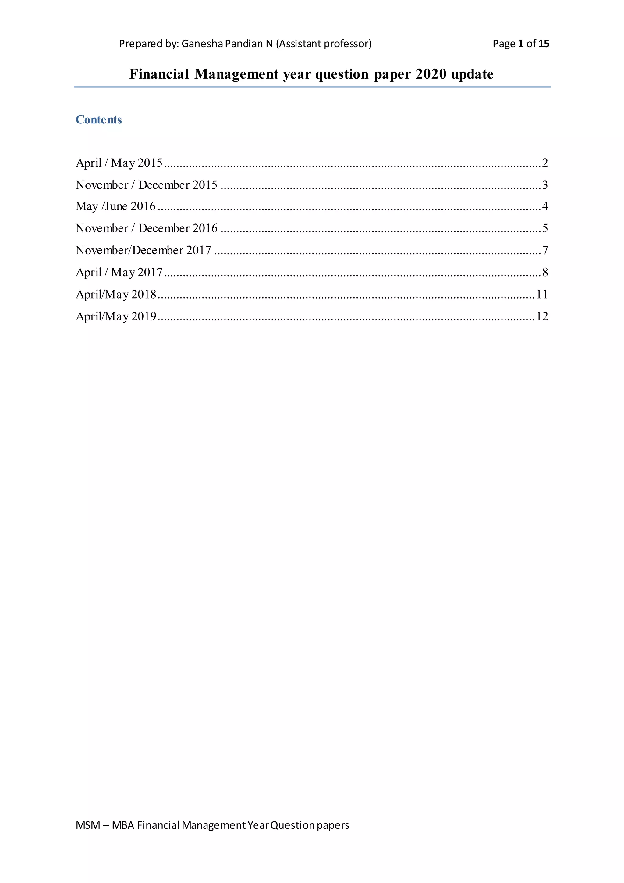 Financial management year Question paper 2020 update | DOCX
