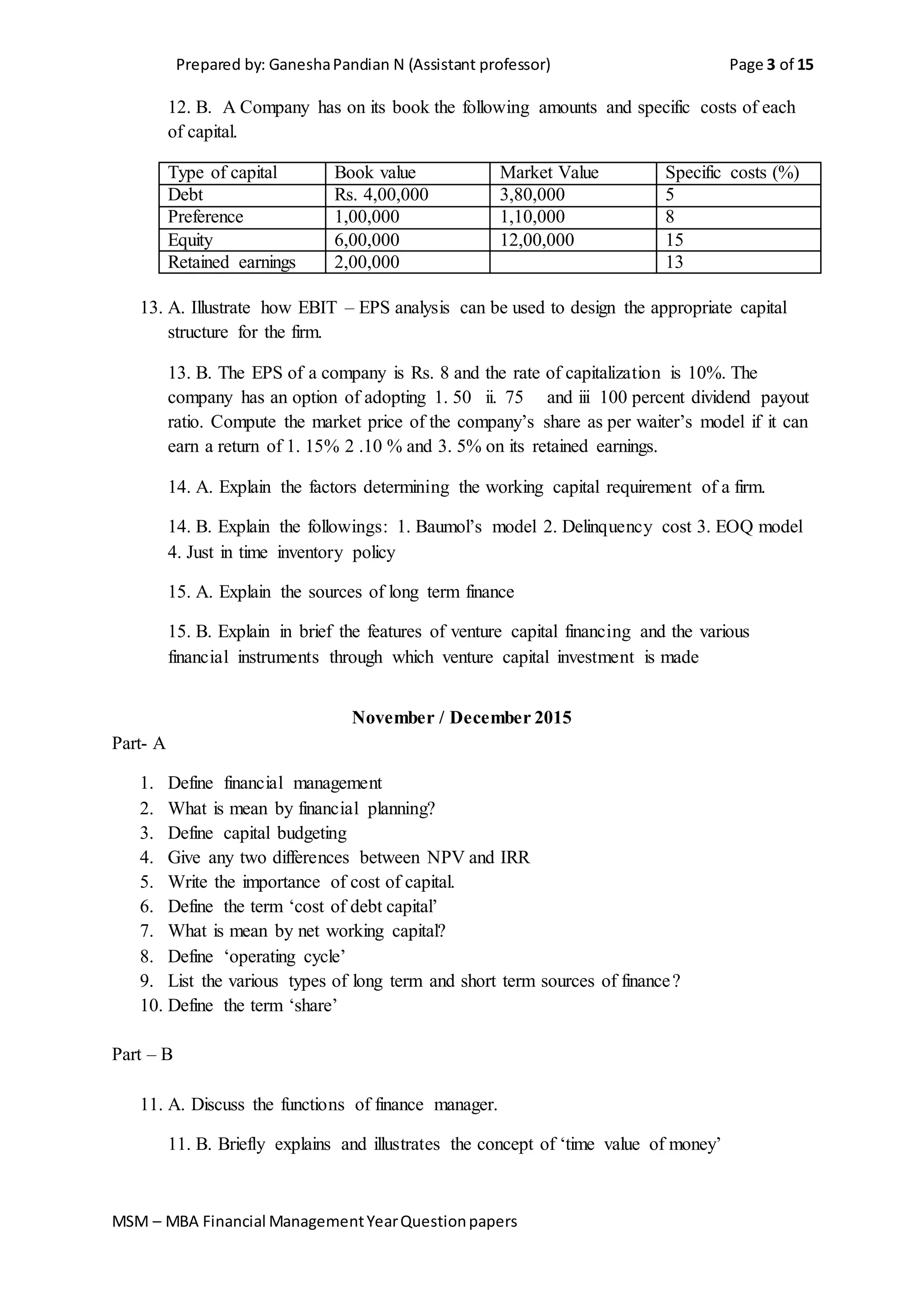 Financial management year Question paper 2020 update | DOCX