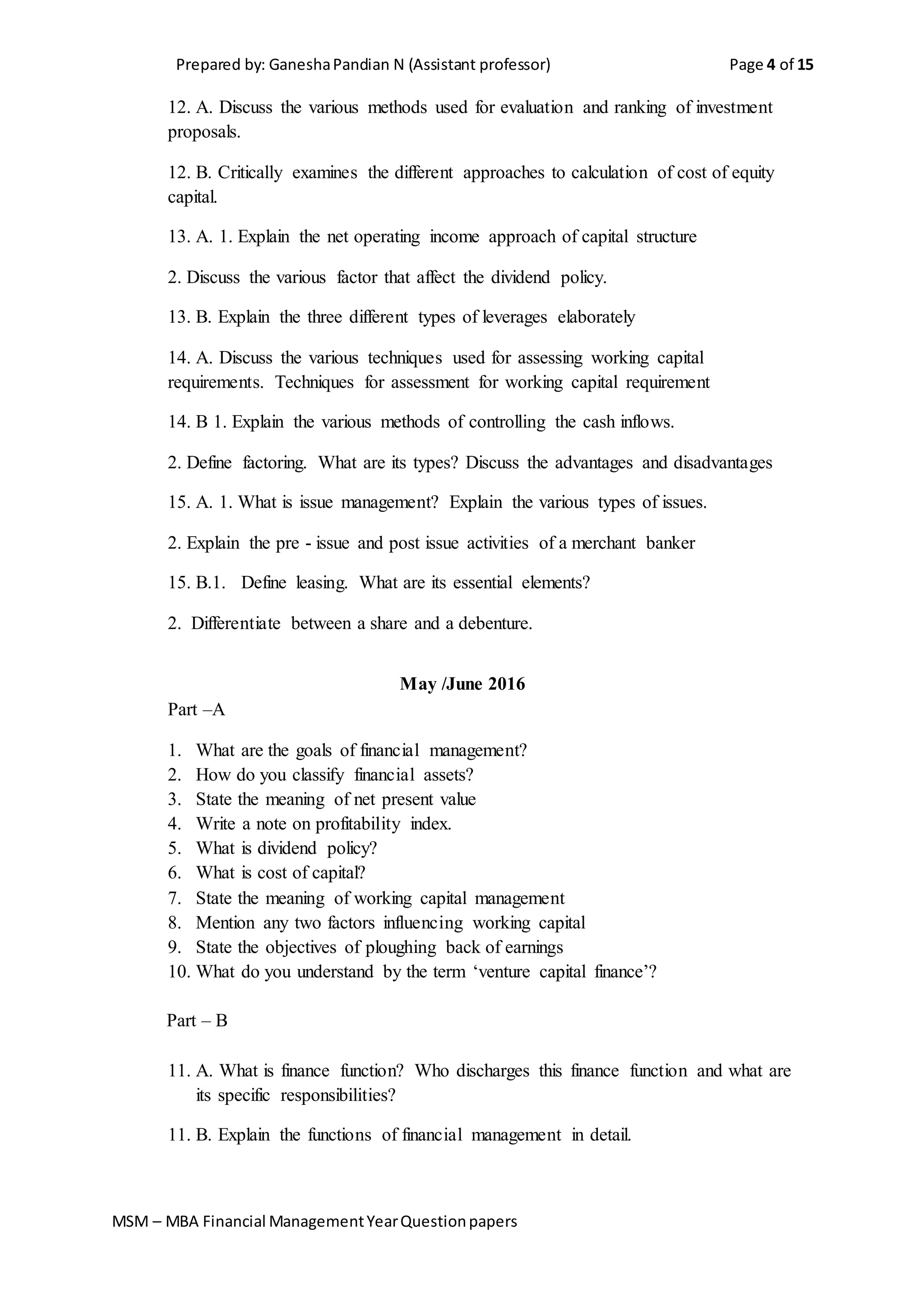 Financial management year Question paper 2020 update | DOCX