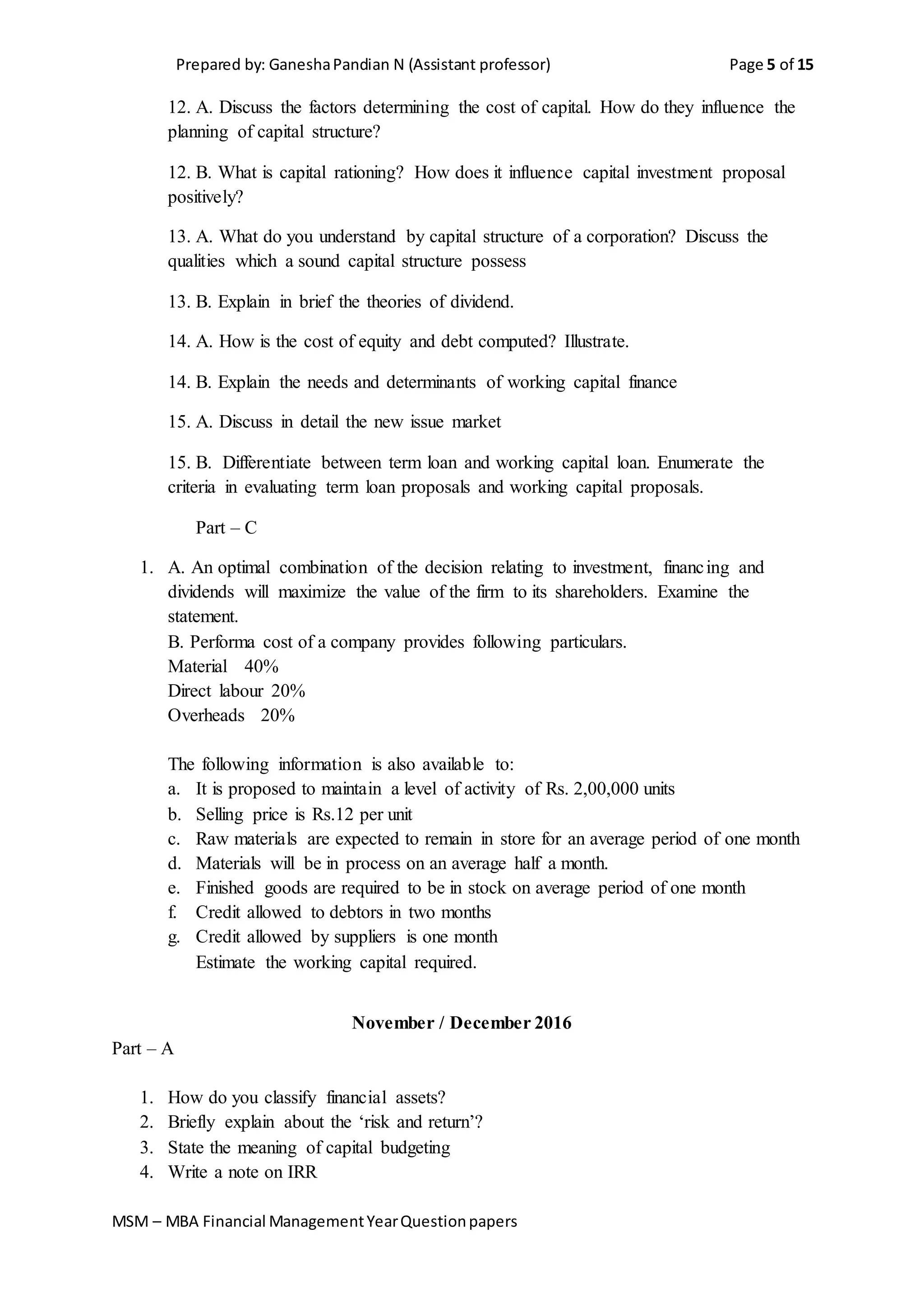 Financial management year Question paper 2020 update | DOCX