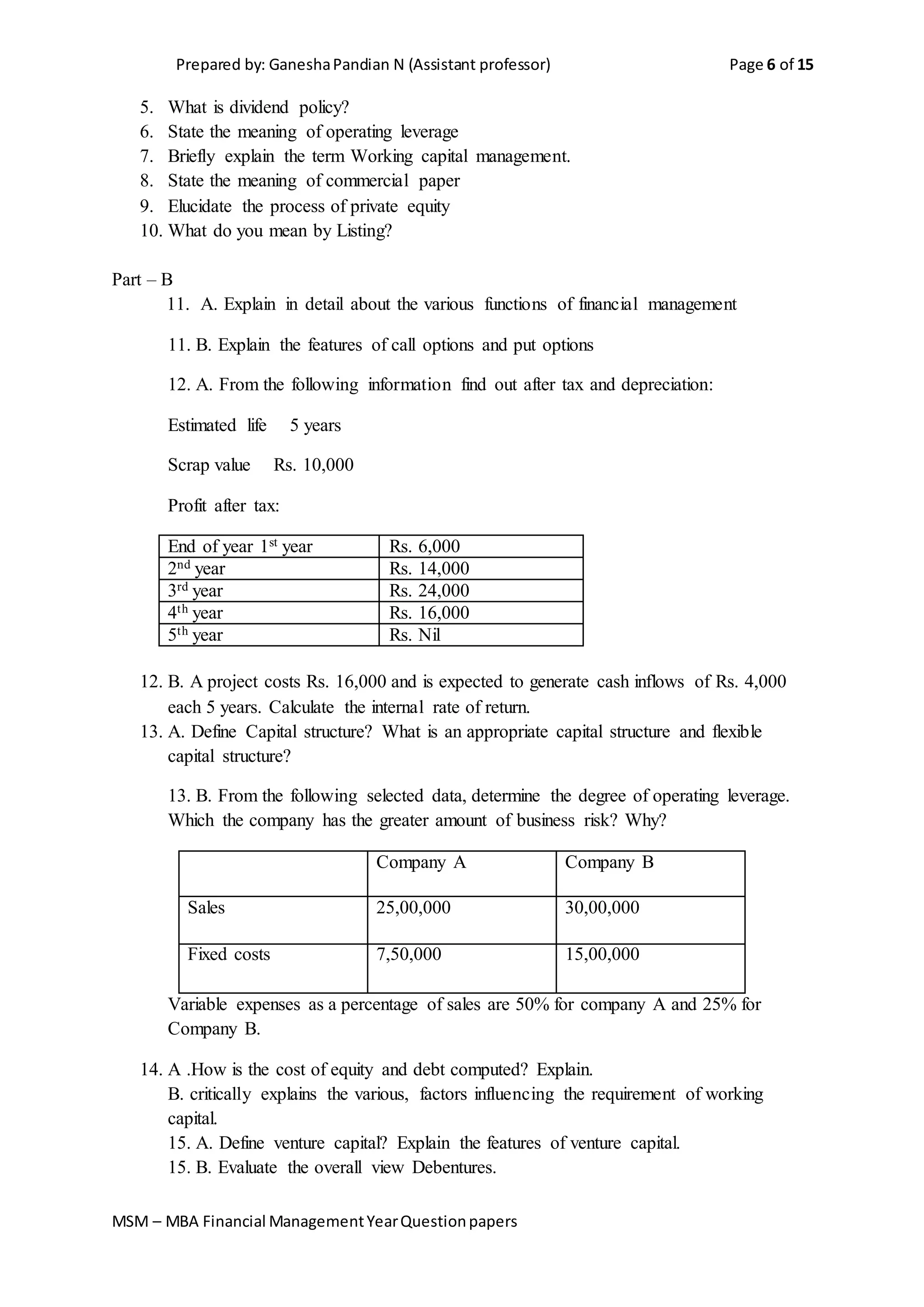 Financial management year Question paper 2020 update | DOCX