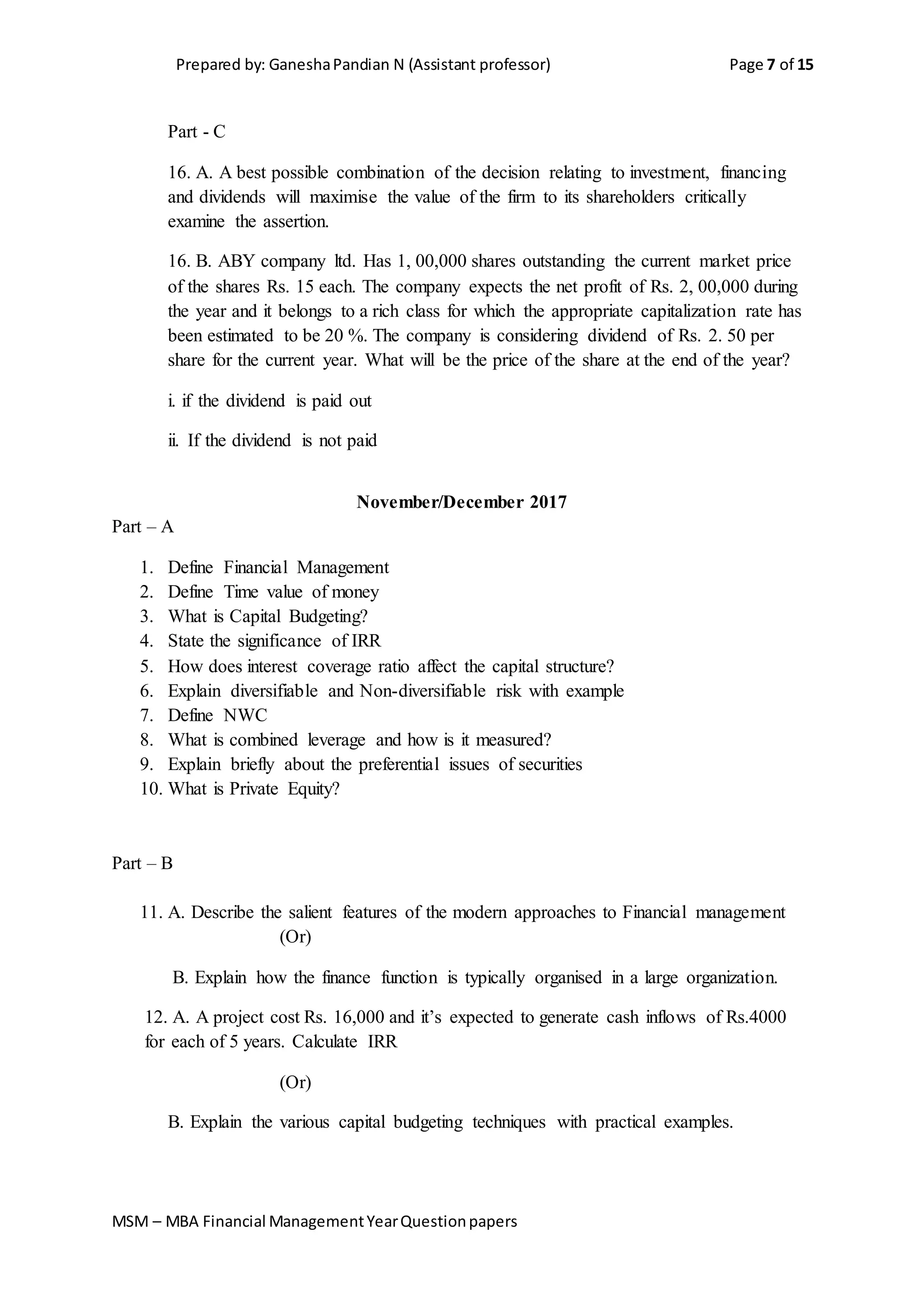 Financial management year Question paper 2020 update | DOCX