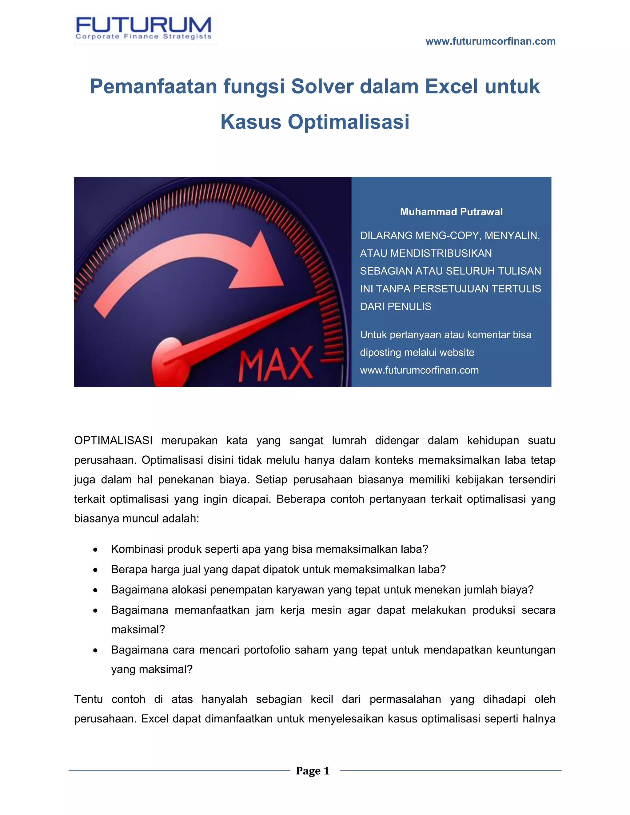 Pemanfaatan fungsi solver dalam excel untuk kasus optimalisasi | PDF