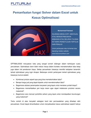 Pemanfaatan fungsi solver dalam excel untuk kasus optimalisasi | PDF